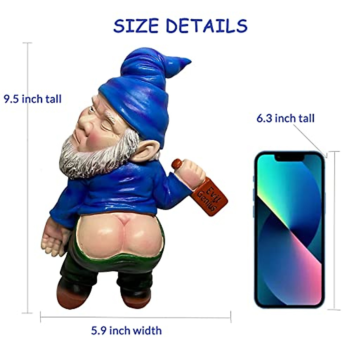 MINICAR Large 9.5'' Tall Funny Drunk Garden Gnome Outdoor Statue, Naughty Knome Figurine Lawn Ornament Dwarf Sculpture Yard Decor Landscape Porch Decoration Outside Novelty Gift(Blue)