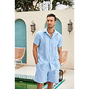COOFANDY Men's Linen Sets 2 Piece Hawaiian Vacation Matching Shirt and Shorts Set