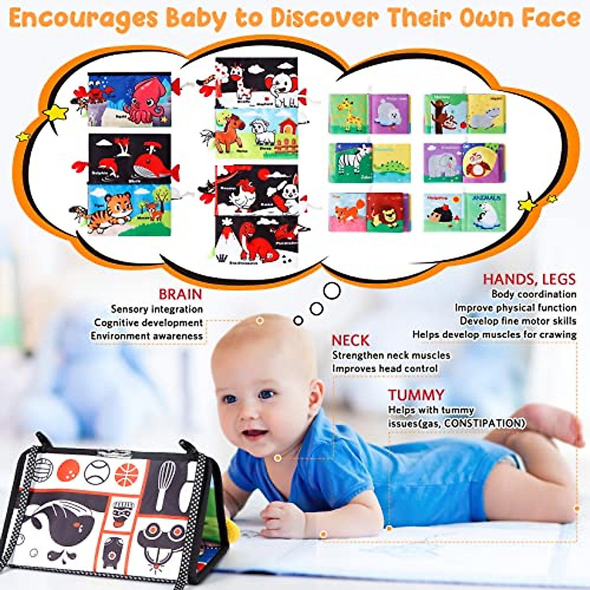 DRMATION Tummy Time Toys, Baby Play Mat 3 in 1 Baby Mirror and 2 Animal Theme Crinkle Cloth Books Kit,Montessori Infant Toys for Babies 0 3 6 9 Months Boys Girls Crawling Sensory Toy