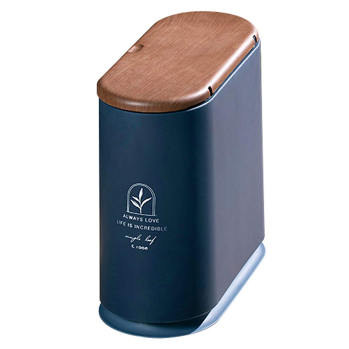 3.2Gal/12.1L Oval Slim Trash Can - Nordic Style Garbage Can with Lid - Blue Plastic Trash Can w/ Press Top Wood Grain Lid - Space Saving Kitchen Trash Can w/ Double Barrel Removable Plastic Bin Liner