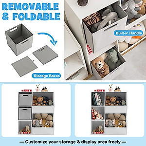 GLACER 5-Cube Kids Toy Storage Organizer, Freestanding Wooden Bookcase Bookshelf w/ 2 Removable & Foldable Bins, Open Multi-bin Storage Display Cabinet for Kids Room, Play Room, Nursery, White