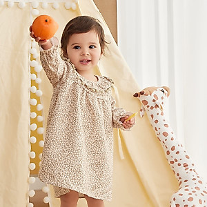 OPAWO Toddler Baby Girl Long Sleeve Dress Flutter Ruffle Pom Pom Neck Corduroy Fall Winter Dresses for 1-4 Years(Beige,2-3 Years)