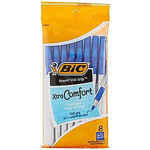 BIC Round Stic Grip Xtra-Comfort Medium Ball Point Pen, Blue, 8 Pack