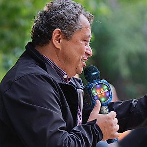 Mockins Blue Bling Karaoke Microphone for Kids | Wireless Mic with Voice Changer & LED Lights | Portable Microphone for Singing w/ Cable & Carry Case