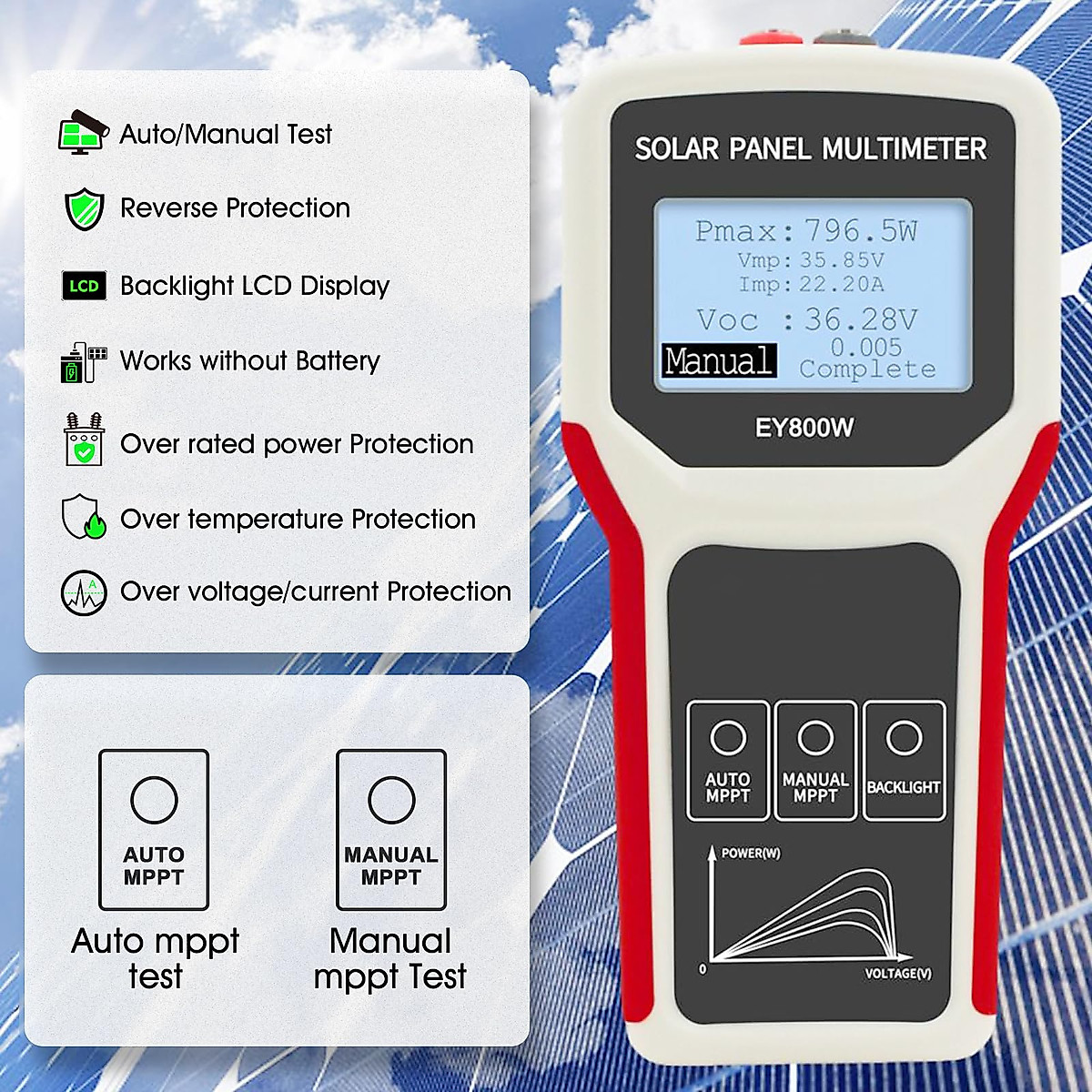 Solar Panel Power Meter 800W — Accurate PV Testing & MPPT Monitoring