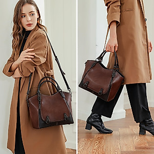 Iswee Leather Shoulder Bags for Women Satchel Bags Vintage Designer Crossbody Purses Tote Bags with Zipper Top-Handle (Coffee)