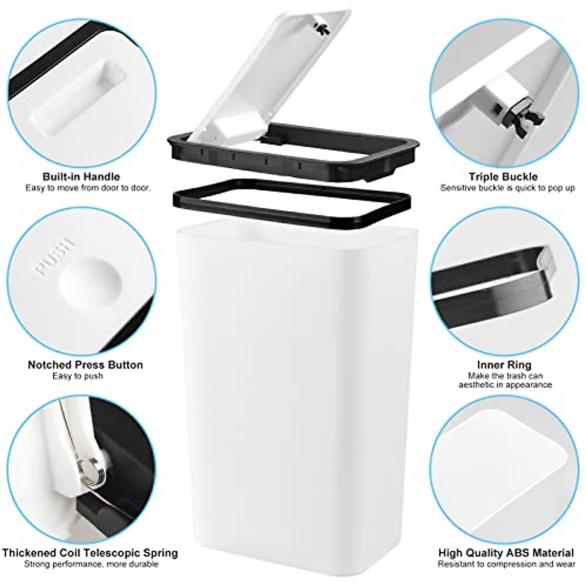 Anzoymx Bathroom Trash Cans with Lids 2 Pack Kitchen Garbage Can 4 Gallons with Pop Up Lid,Small Narrow Waste Basket Dog Proof for Bathroom Kitchen Bedroom Living Room and Office(15L,White)