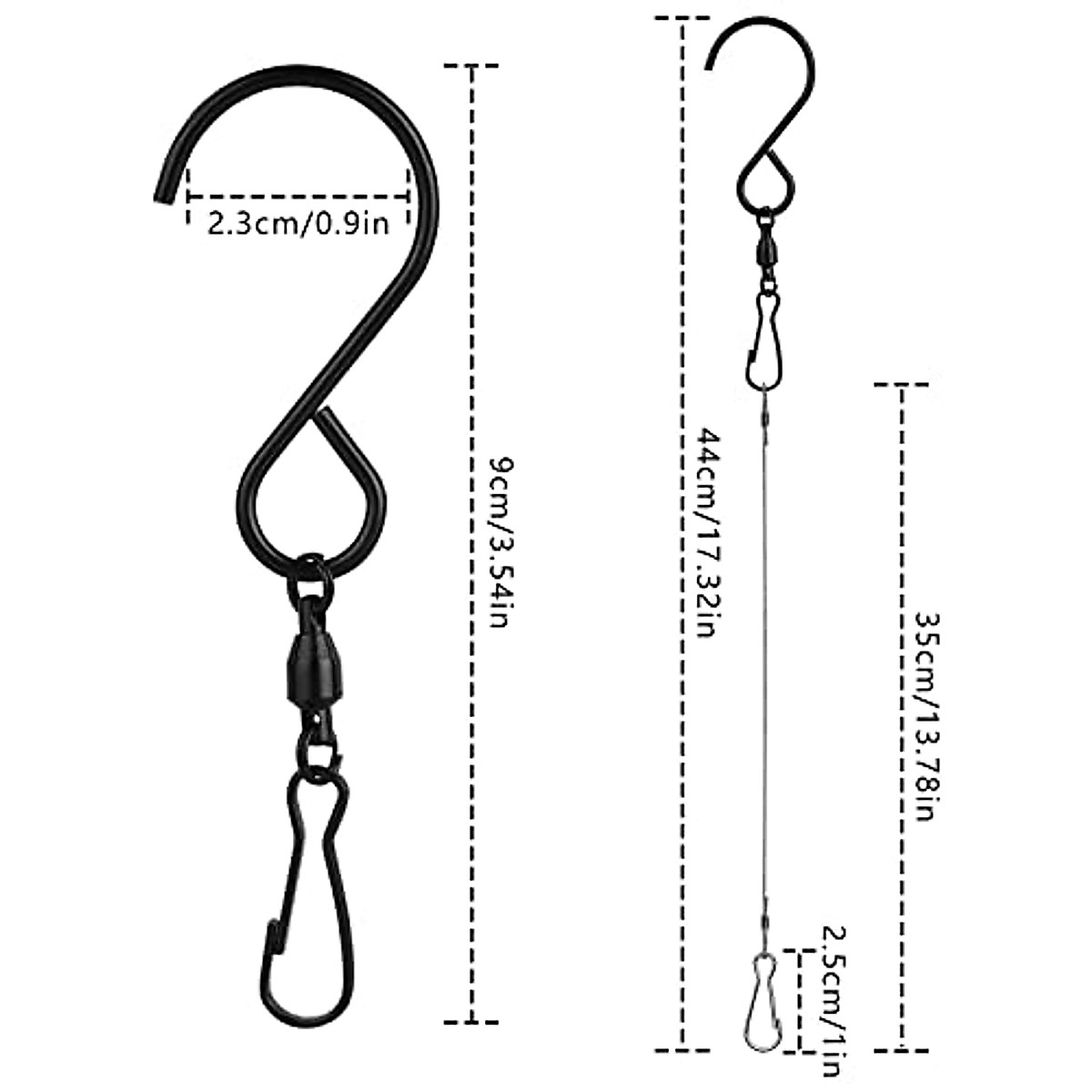 XLDLQU 5 Pack Black Swivel Hooks, 360° Stainless Steel S Hook Clips with 12.5 inch Extended Wirerope for Hanging Wind Spinners, Wind Chimes, Bird Feeder, Crystal Twisters (5 Pack)
