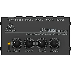 Behringer Micromix MX400 Ultra Low-Noise 4-Channel Line Mixer, 4.7 kOhms Input Impedance, Output Impedance 80 Ohms