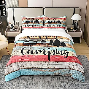 100% Cotton Happy Camping Duvet Cover Queen RV Camper Trailer Bedding Set for Boys Girls Bedroom Farmhouse Style Wooden Stripes Comforter Cover Red Blue Soft Breathable Quilt Cover