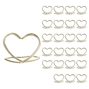 HARFINGTON 24pcs Table Number Holders 1.18 Inch 30mm Tall Double Heart Shape Steel Photo Holders for Centerpieces Table Place Card Holders for Wedding Reception Party Office Home, Gold Tone