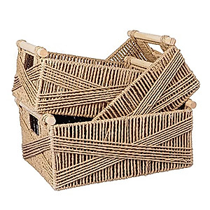 ANMINY 3 Pack Woven Storage Basket with Wood Handles Handmade Natural Paper Rope Decorative Boho Desk Wicker Storage Bins Box Set Nursery Baby Kid Large Meduim Small Shelf Organizer Container - Brown