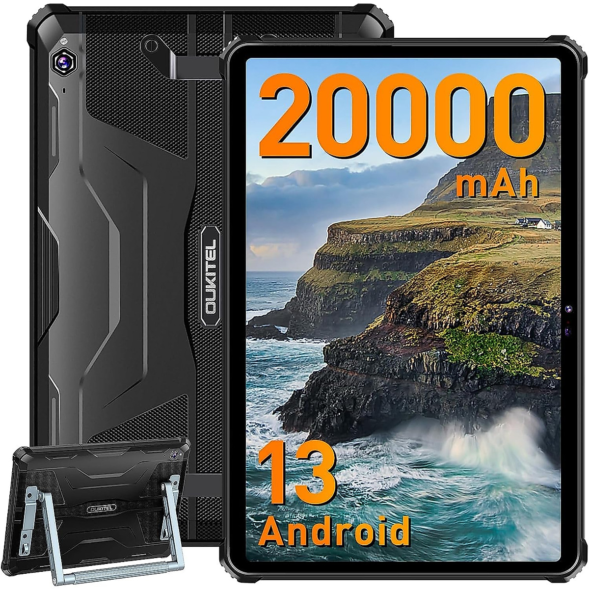 OUKITEL RT6 Rugged Tablet Android 13,20000mAh Long Lasting Battery,14GB+256GB (1TB Expandable),10.1”FHD+ Screen,16MP+16MP Camera Outdoor Tablet PC with Detachable Stand,4G Dual SIM/5G WiFi(Orange)