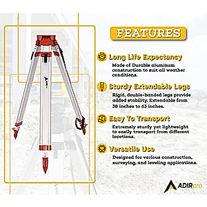 AdirPro Universal Survey Tripod – Aluminum Laser Level Tripod – Transit Level Tripod - Quick Clamp - Heavy Duty Contractor Tripod 5/8” x 11” Thread (Orange)
