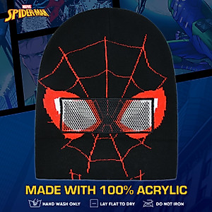 Marvel Spider-Man Miles Morales Roll Down Cuff Beanie Hat, Knitted Winter Skull Cap, Black/Red, One Size