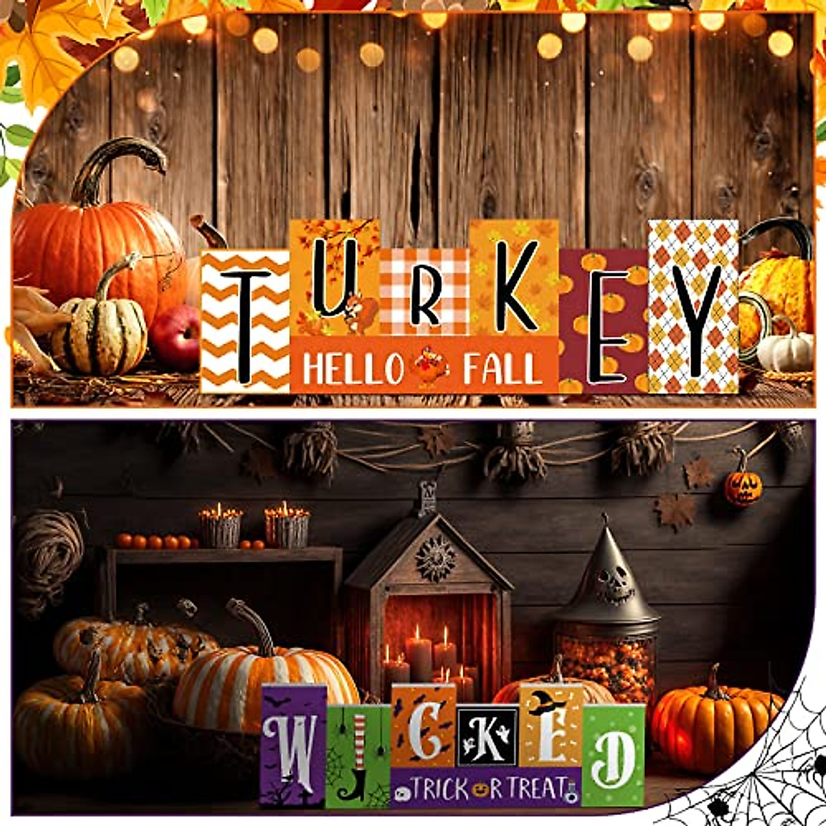 Purpeak Reversible Fall Wooden Table Sign Double Side Halloween and Thanksgiving Tabletop Sign Decor Wicked and Turkey Wood Block Fall Tiered Tray Decor for The Home Shelf Party Decor