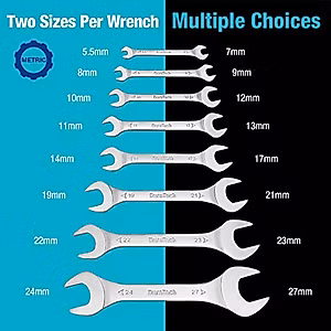 DURATECH Super-Thin Open End Wrench Set, Metric, 8-Piece, Including 5.5, 7, 8, 9, 10, 11, 12, 13, 14, 17, 19, 21, 22, 23, 24, 27 mm, Slim Spanner Wrench Set with Rolling Pouch