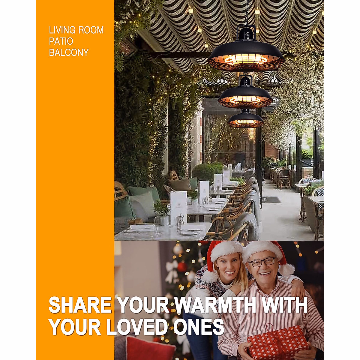 Star Patio Electric Patio Heater, Outdoor Ceiling Heater With Remote Control & Touch Switch, 700/800/1500W Hanging Patio Heater With UFO Shape Sandy Black, Infrared Heater, IP44 Waterproof, STP2036-B