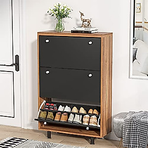 Tribesigns 3 Drawer Shoe Cabinet, Freestanding Shoe Rack Storage Organizer with Flip Door, Modern Tipping Bucket Shoe Cabinet for Entryway, Hallway, Bedroom, Small Spaces, Walnut & Black