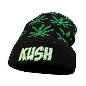 Marijuana Weed Acrylic-Hat Knit Beanie - Leaf Pot Cuffed Knit Winter Weed Beanie Hat Mens Women Green