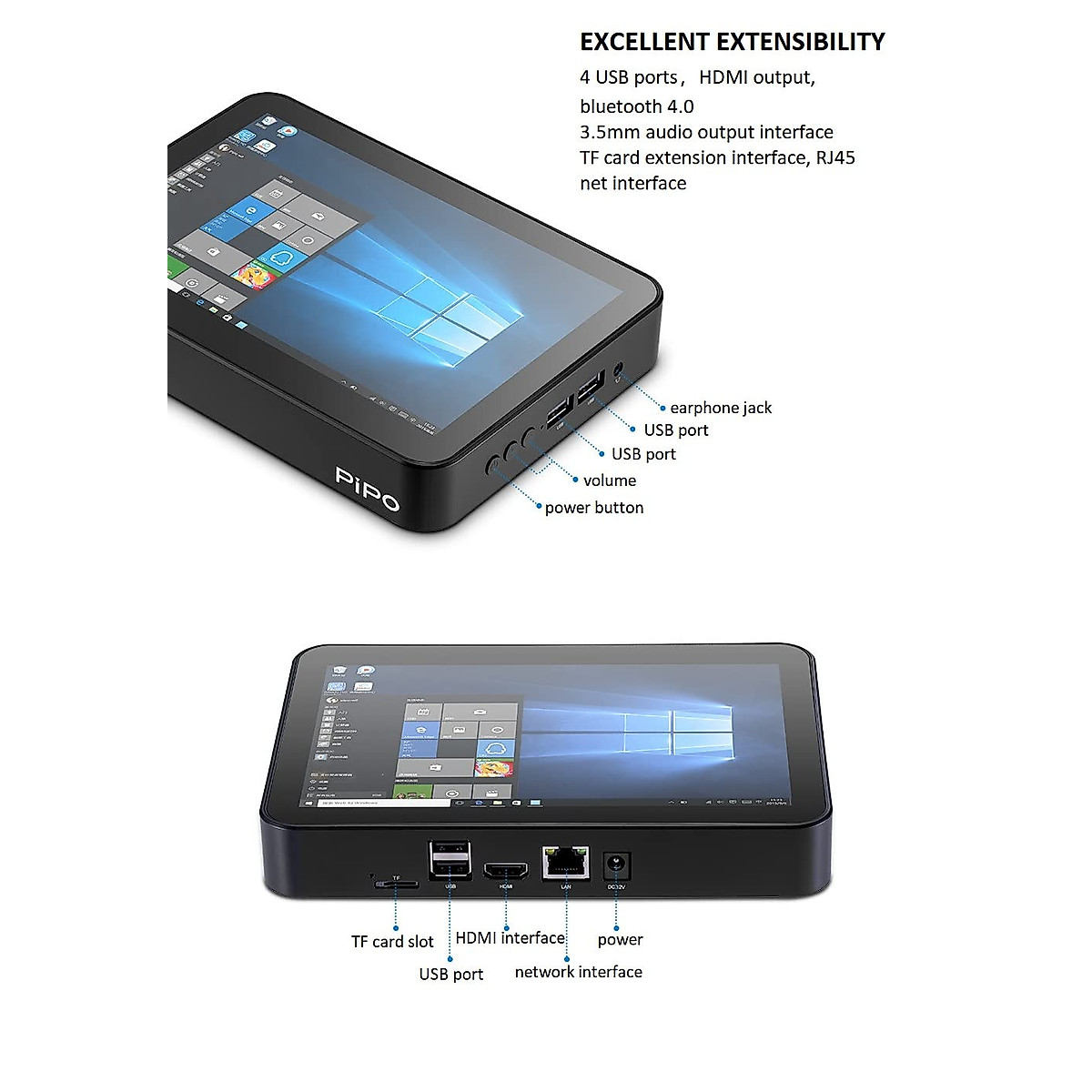 PIPO X2 Mini PC 8" Windows TV Box Windows Tablet with RJ45 LAN Tablet with 4 Type A USB 3G RAM 64G ROM