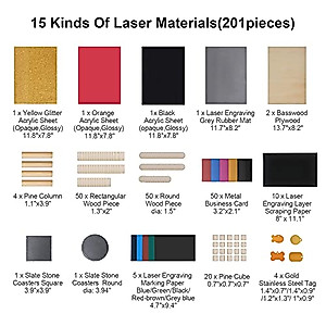 201 Pcs Engraving Material Box, DEWALLIE DIY Materials for Laser Engraver, Co2 & Diode Laser Engraving and Cutting Machine, Including Acrylic Sheet, Slate Coaster, Dog Tag, Metal Business Card