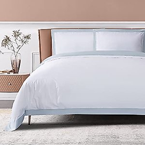 100% Long-Staple Cotton Duvet Cover Set (1 Duvet Cover, 2 Pillow Shams), from Luxury Bedding Brand TheCotton&Silk, King Size, White + Misty Blue