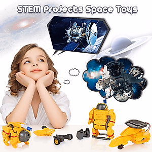 Solar Robot Toys 6 in 1 STEM Learning Kits Educational Space Moon Exploration Fleet Building Experiment Toys DIY Solar Power Science Gift for Kids Aged 8-12 (Yellow)