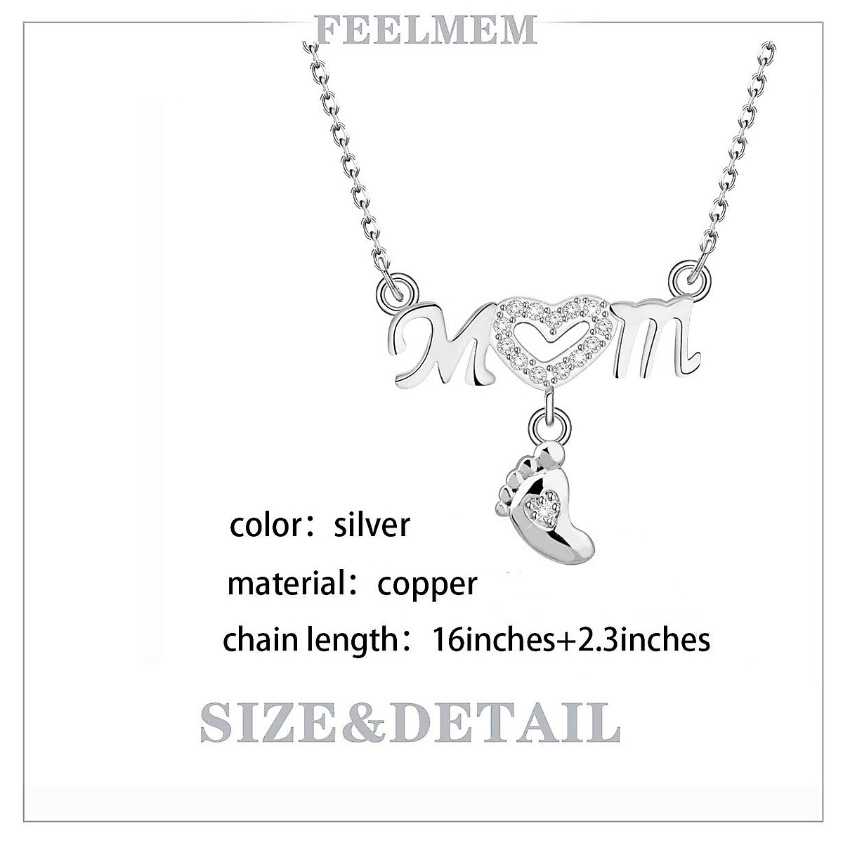 FEELMEM Pregnant Mom to Be Gift New Mom Gift 1 2 3 Baby Feet Footprint Charm Mom Heart Symbol Necklace Gift for New Mother Mommy To Be (Footprint-silve-1)