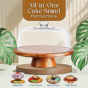 Acacia Wood Cake Stand with Clear Acrylic Dome Cover - 6-in-1 Multifunctional Cake Holder, Serving Platter, Salad Bowl, Punch Bowl, Veggie Stand, Snack Tray - Extra Large Cake Platter,