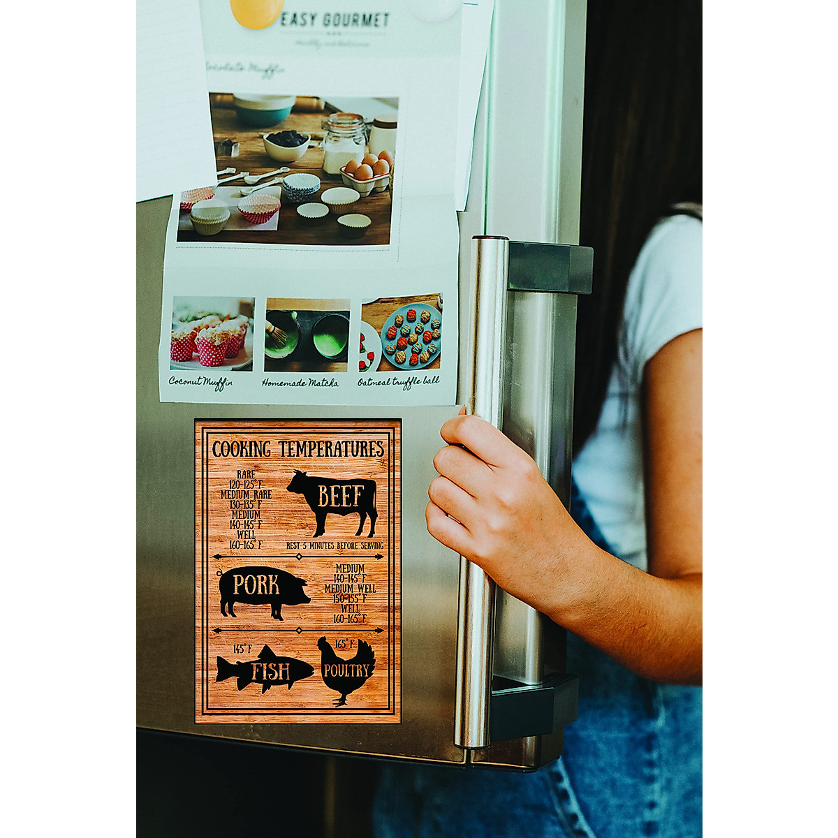 Meat Internal Cooking Temperatures Magnet Sign Measurement Kitchen Conversion Magnet Sign - Cooking Chart 6x9 in. Wood Background Meat Temperatures