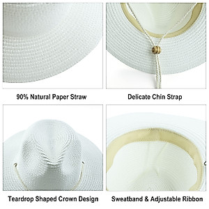 Koreshion Women Straw Panama Hat Summer Wide Brim Fedora Cap Beach Sun Hats UV UPF50+ White