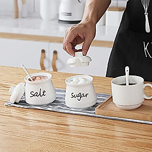 ONTUBE 12oz Sugar and Salt Bowls with Lid and Spoon, Ceramics Condiment Pots,Seasoning Jar Spice Container for Kitchen,Dishwasher Safe (White)