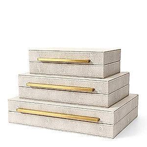 Kingflux Faux Ivory Shagreen Leather Set of 3 Pcs Decorative Boxes, Storage Boxes Jewelry Organizer, Men's Accessory Organizer (Ivory)
