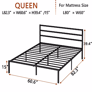 Closadin Queen Size Platform Bed Frame with Headboard,Sturdy Heavy Duty Metal Slats Support for Mattress,No Box Spring Needed,Easy to Assemble,Black
