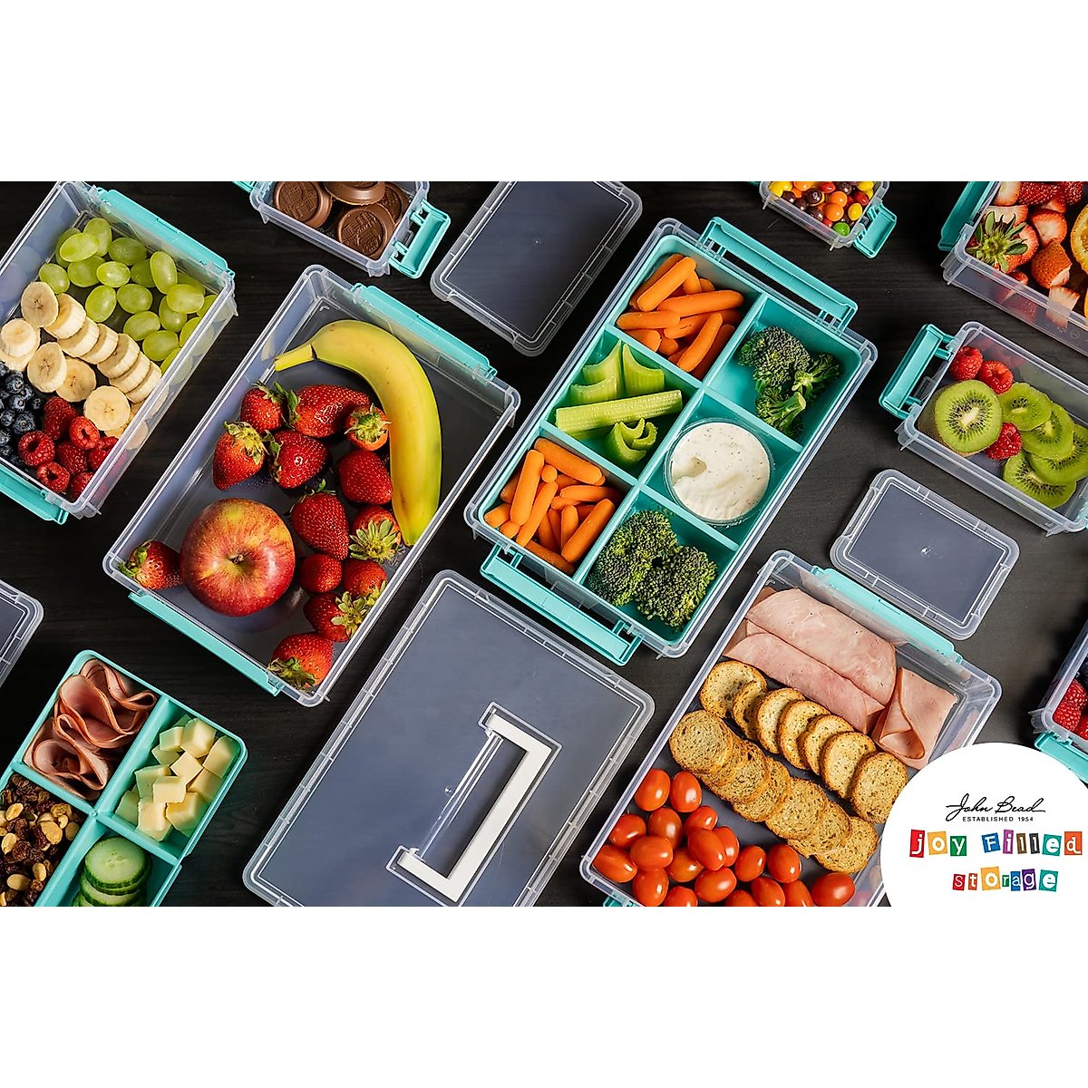 Joy Filled Storage - 4 Clear Stackable Containers 4 lids Each (3x2.5x1in) - with Turquoise Detail for Craft, Ideal for Food Storage and Organizing Containers