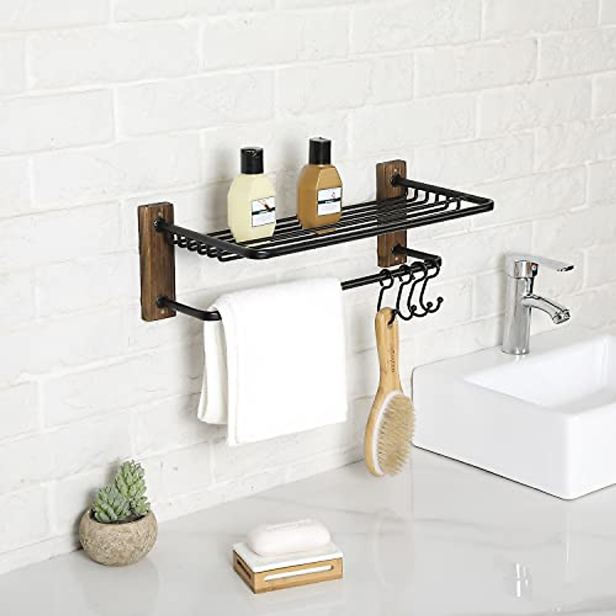 MyGift Wall Mounted Black Metal 2 Tier Bathroom Shelf and Hand Towel Bar Rack with Sliding Hanger Hooks and Solid Burnt Wood Mounting Brackets