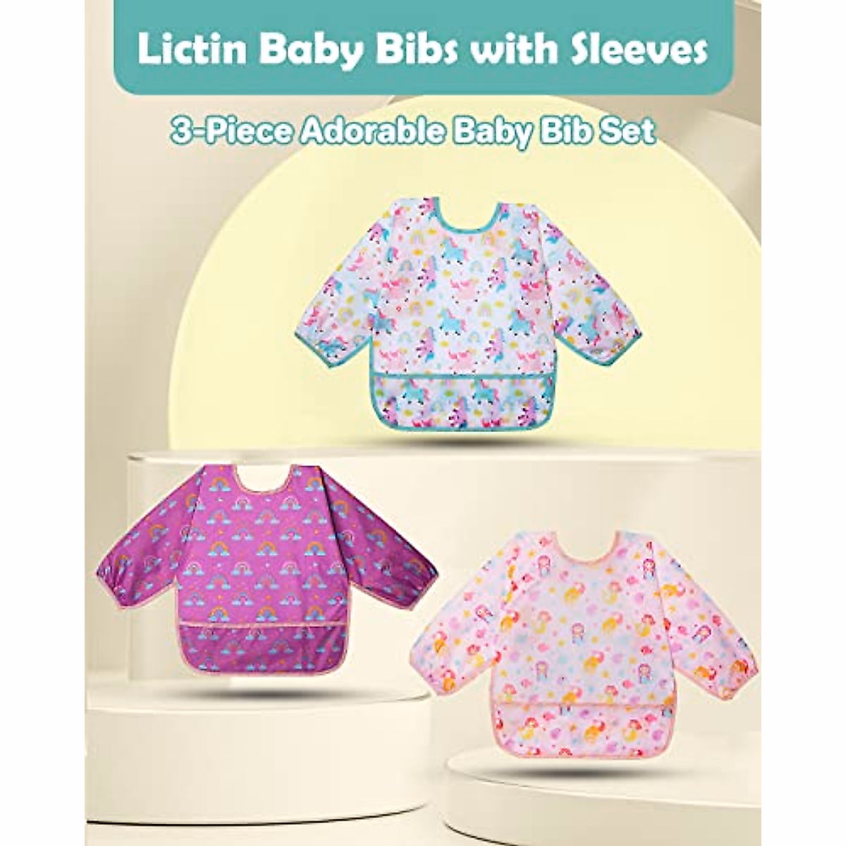 Lictin 3 Pack Baby Bibs for Boy or Girl, Cute Long Sleeve Bib, Waterproof Bibs for Toddlers,Adjustable Closure Baby Smock, Mess Proof Baby Bib, 6-24 Months Reusable Infant Baby Bibs