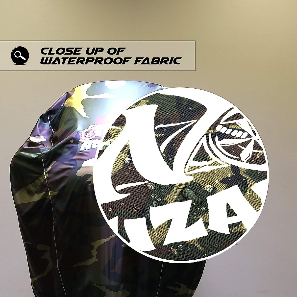 Breathable Motorcycle Cover W/Elastic Bottom. Premium Heavy Duty Outdoor Waterproof All Season Polyester W/Soft Screen Shield. Universal Heat Resistant Lockable Fabric (Camouflage, Medium)