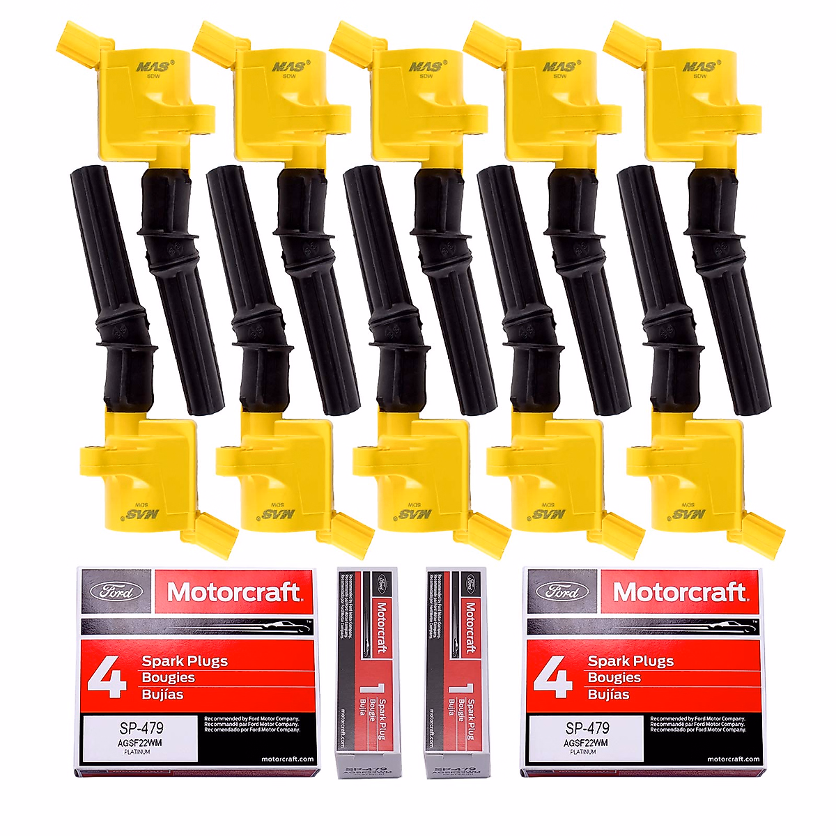 MAS Set of 10 Ignition Coil Pack Yellow DG508 Curved Boot & Motorcraft Spark Plug SP479 Compatible with Ford F150 F250 Expedition E150 Lincoln Replacement for FD503 DG457 C1417