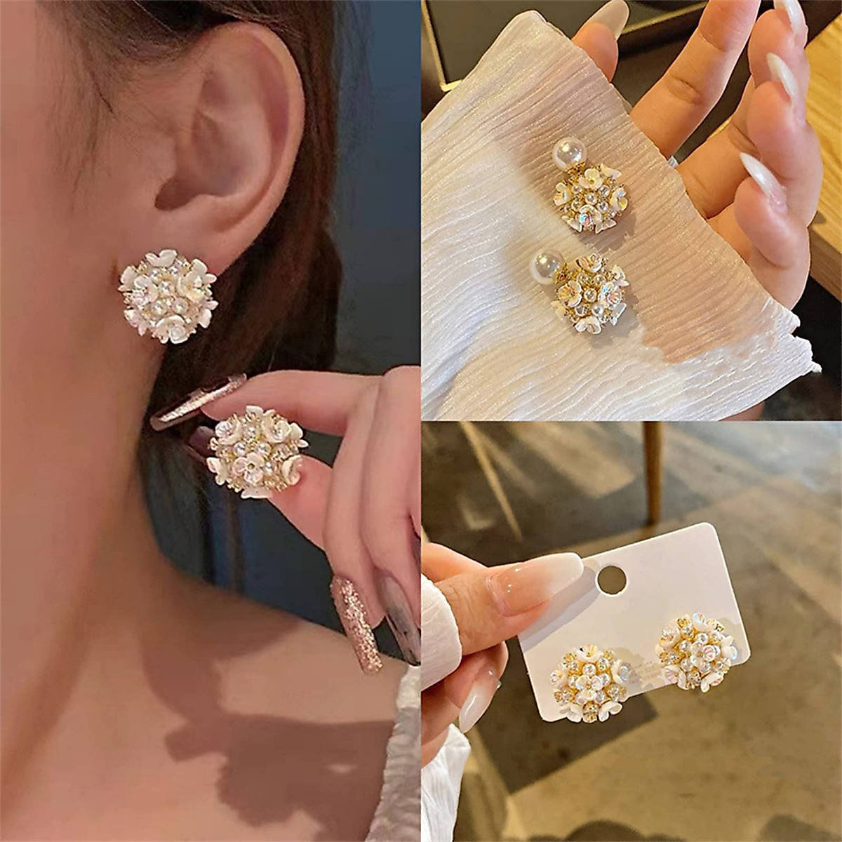 Numgug Shell Flower Pearl Earrings Ball Pearl Double Sided Stud Front Back Earrings for Women 14k Gold Plated Inlaid Created Zircon Pearl Stud (A-Golden)1