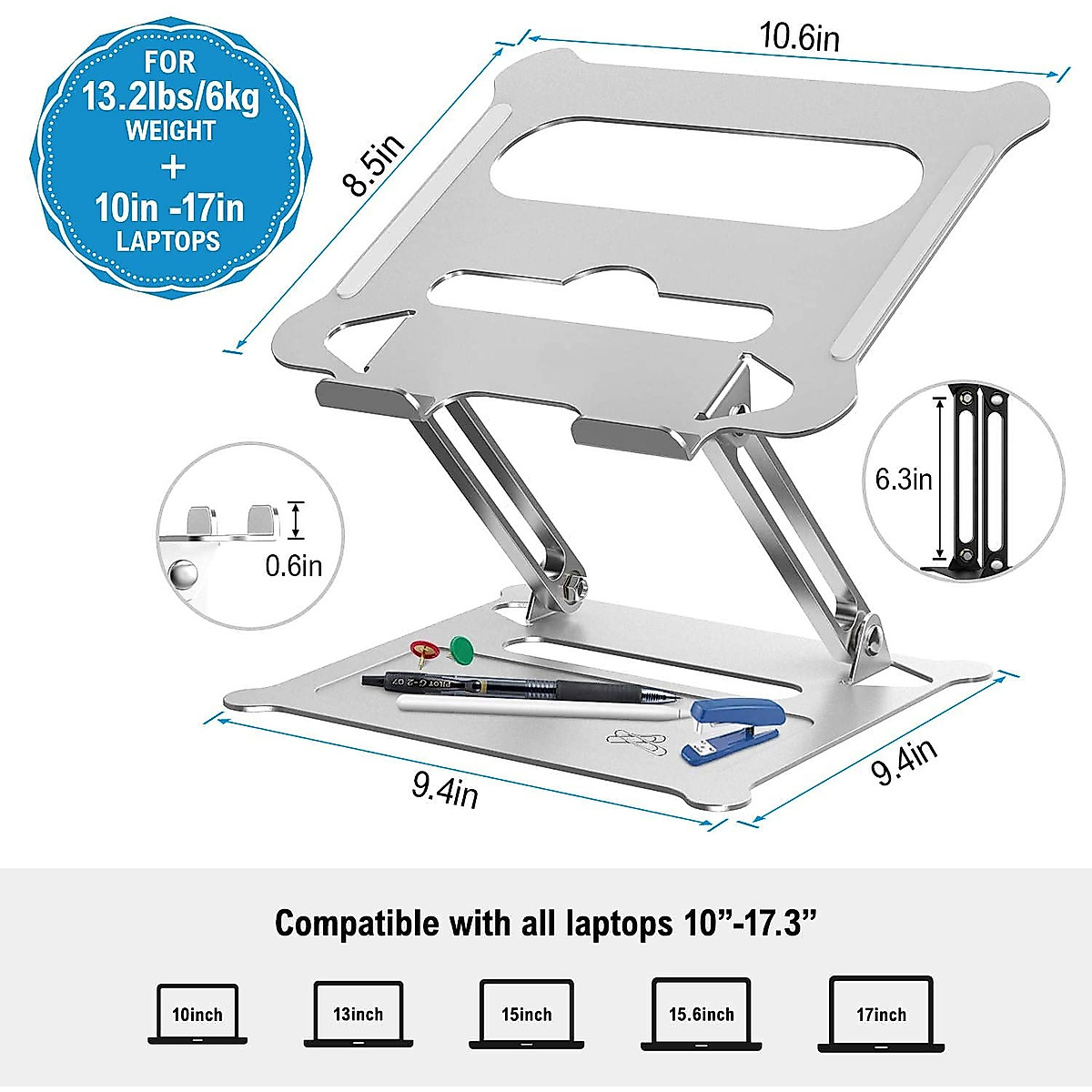 Diswoe Laptop Stand, Ergonomic Portable Aluminum Computer Riser, Ergonomic Laptops Elevator for Desk, Foldable Metal Holder Compatible with Notebook, MacBook and More 10-15.6”Laptop