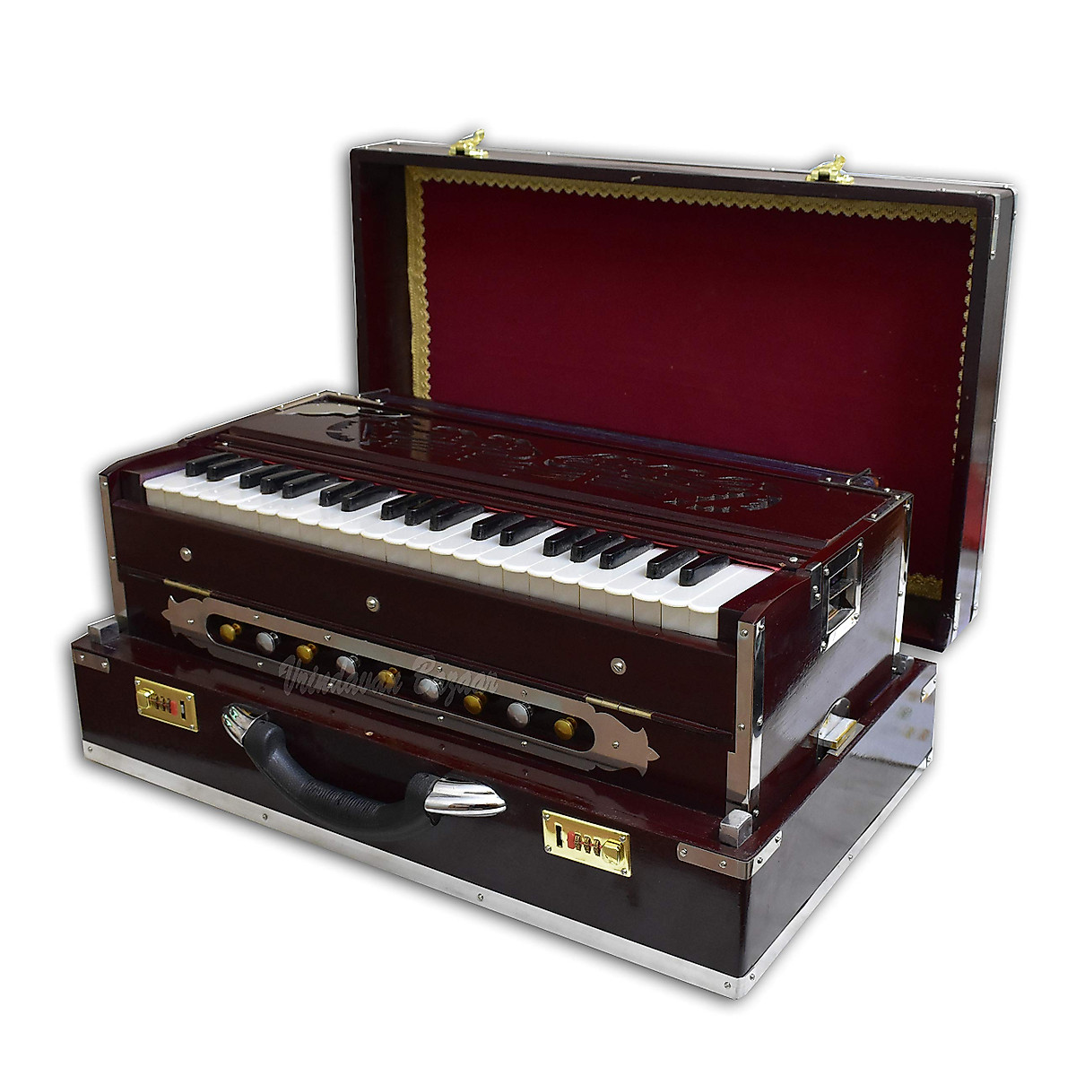 VRINDAVANBAZAAR.COM Deluxe Portable Harmonium, Dark Mahogany, 2 Reeds, 3.5 octaves