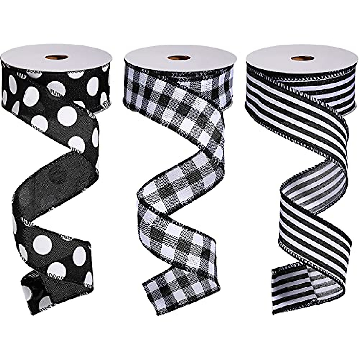 3 Rolls Black White Wired Edge Ribbons Buffalo Check Plaid Wrapping Ribbons Black White Striped Grosgrain Ribbons Black Polka Dot Ribbons with White Dots for DIY Crafts Decor, 1.5 Inches x 10 Yards