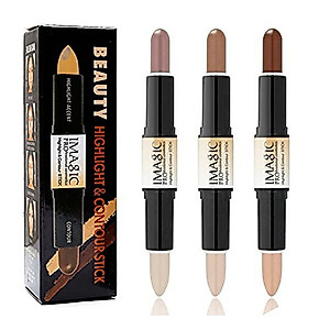 CCbeauty 3pcs 2-IN-1 Matte Contour Highlighter Kit with Blush, Cream Dual-End Highlight Bronzer Concealer Blusher Stick for Cheeks & Lip,Eye, Long Lasting Contouring Face Shaping Makeup, Light-Medium