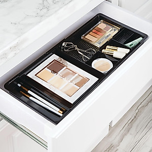 mDesign Adjustable, Expandable Divided Office Desk Drawer Organizer Tray for Office Supplies, Gel Pens, Pencils, Markers, Tape, Erasers, Paperclips, Staples - 7 Compartments, 1.25" High - Black