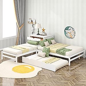 L-Shaped 2 Beds Twin Size & Full Size with Trundle Wood Platform Beds for 3 People Corner Bed Frames with Table for Kids Teens Adults, White