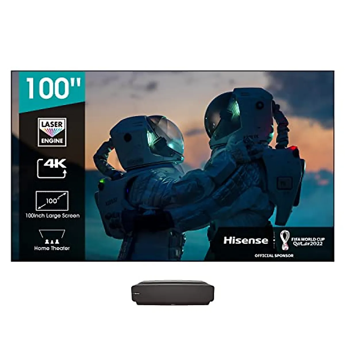 Hisense 100L5G-CINE100A 4K UHD Laser TV, UST Ultra Short Throw Projector with 100" ALR Screen, 2700 ANSI Lumens, Android TV, HDR10, 30W (Stereo) Dolby Atmos, Built-in Alexa and Google Assistant