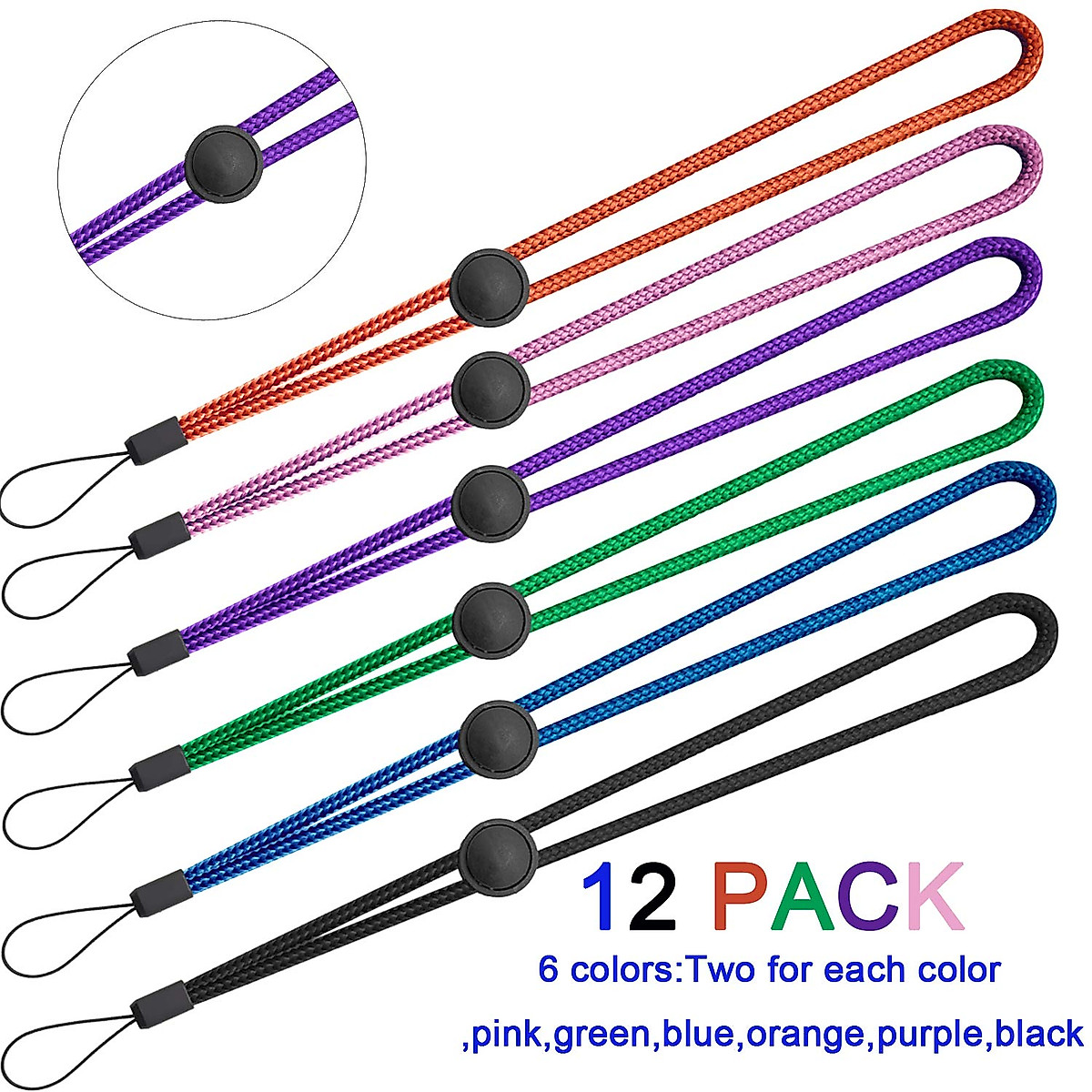 YOUOWO Wrist Lanyard Adjustable length small Strap 12 Pcs Wrist Short Lanyard for Keys Phone Cases Lanyard Keychain USB pink,green,blue,orange,purple,black