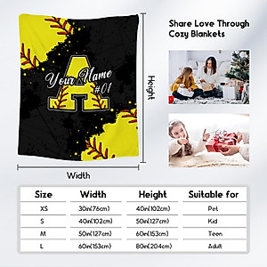 Personalized Softball Blanket - Custom Initial Name Gifts for Softball Lovers - 40x50 Inches Nap Blanket Decor for Girls Daughter - Lightweight Soft Sports Throw Blanket for Kids